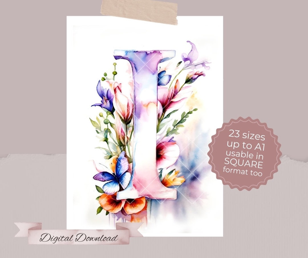 Letter I Print #1, Watercolour Digital Art Letter I With Flowers and ...