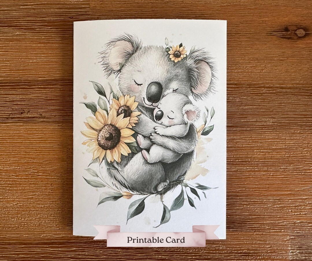 Koala & Baby Sunflower Printable Card: Watercolour Art, Mothers Day ...