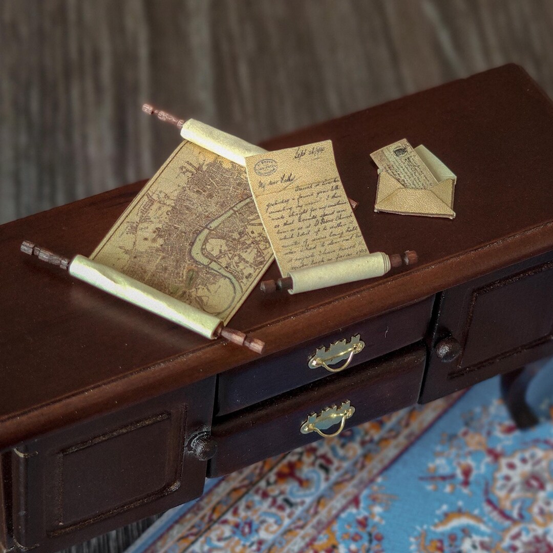 1/12 Miniature, Set Map, Scroll and Letter, Miniature Dollhouse, 1/12 ...