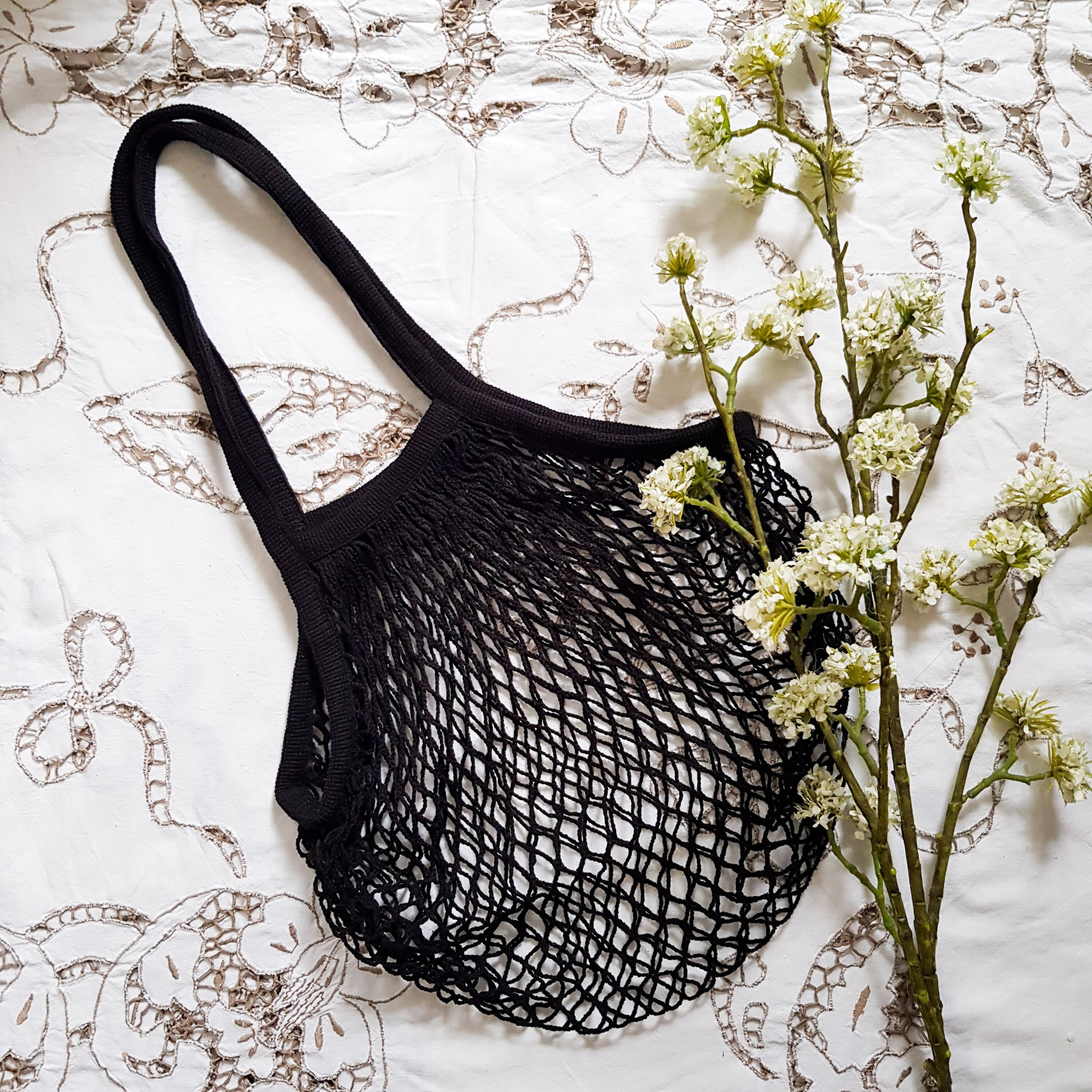 Black Cotton String Shoulder Tote Bag - Etsy