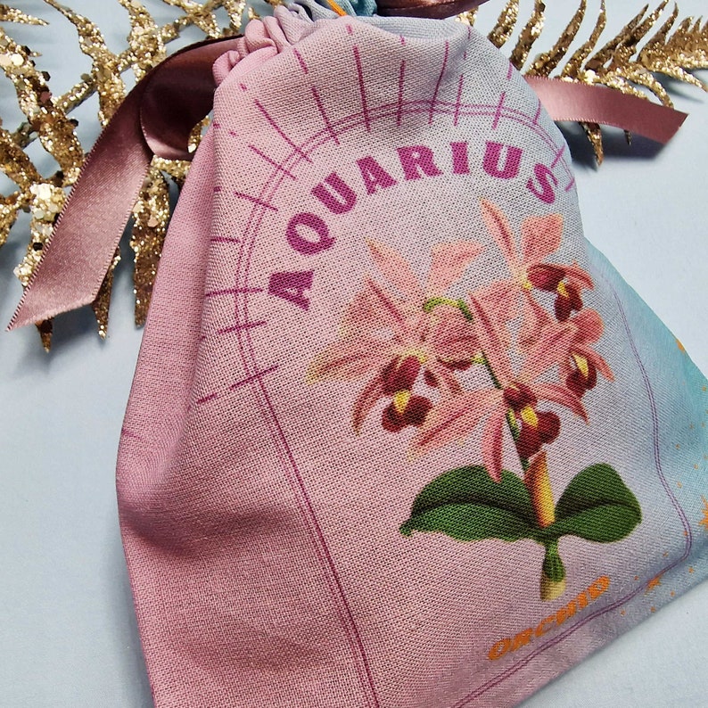 Aquarius Zodiac Orchid Gift Pouch: Reusable Cotton Star Sign Bag - Etsy