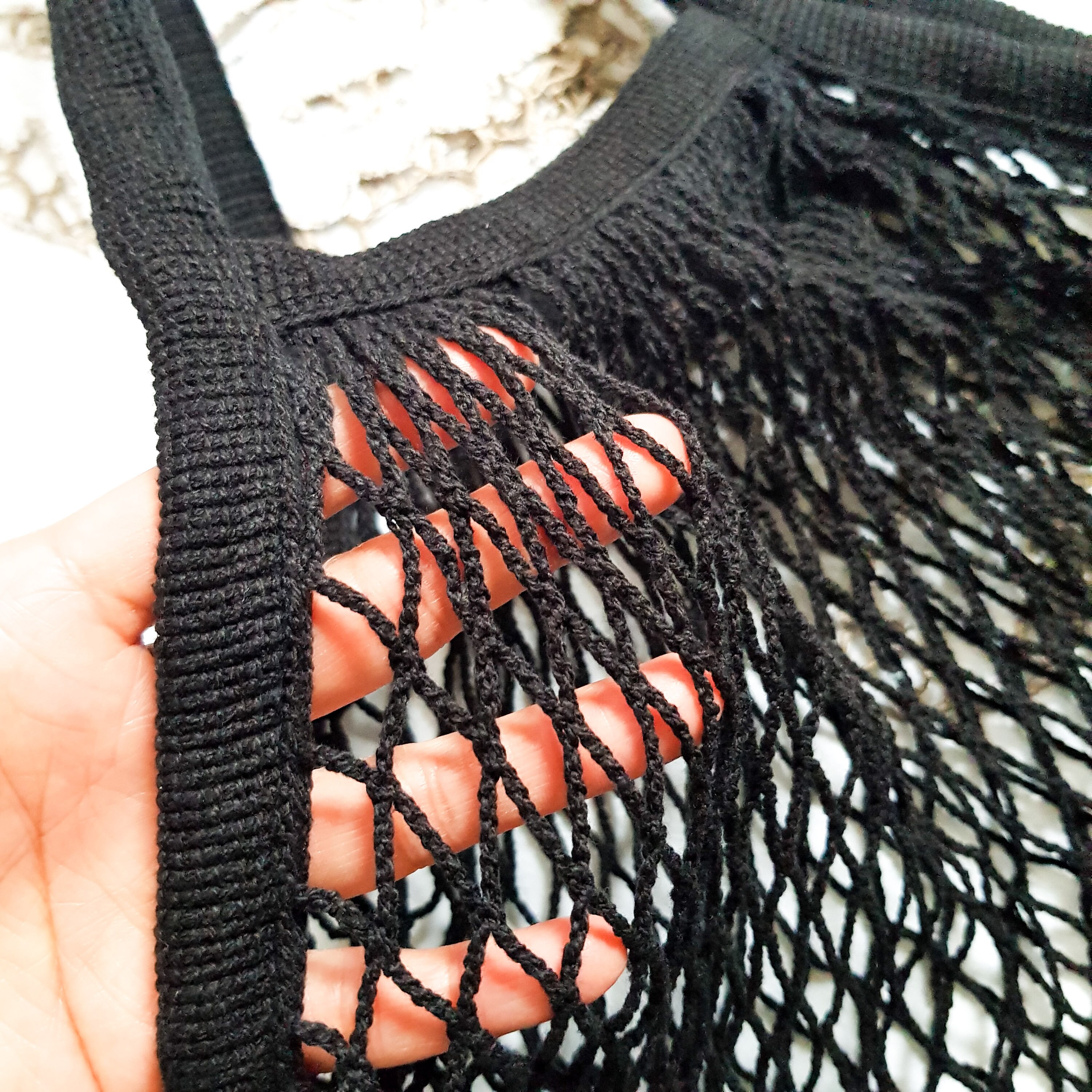 Black cotton string shoulder tote bag | Etsy