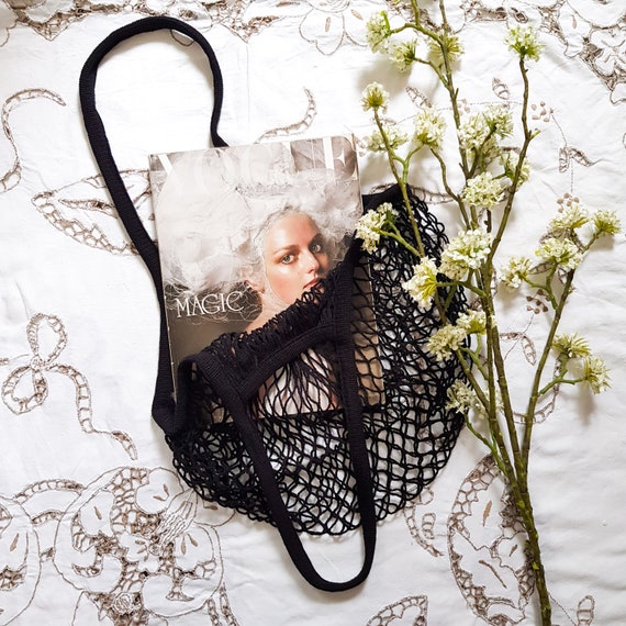 Black Cotton String Shoulder Tote Bag | Etsy