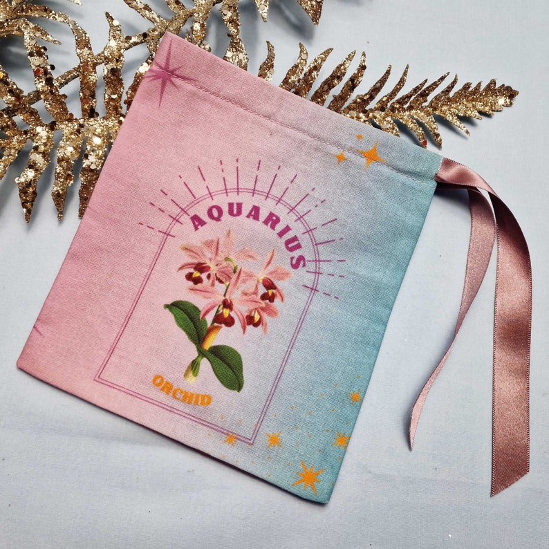 Aquarius Zodiac Orchid Gift Pouch: Reusable Cotton Star Sign Bag - Etsy