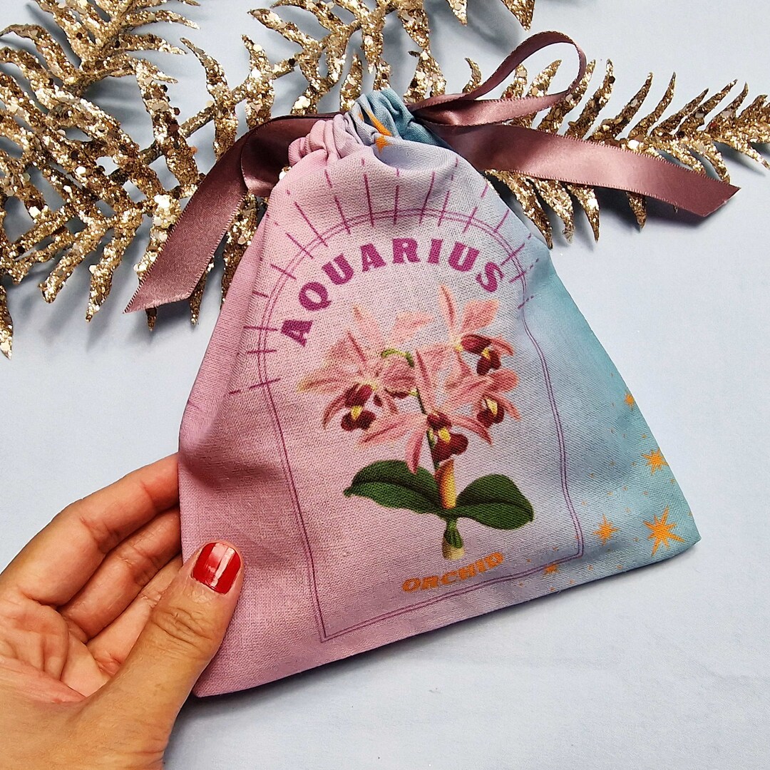 Aquarius Zodiac Orchid Gift Pouch: Reusable Cotton Star Sign Bag - Etsy