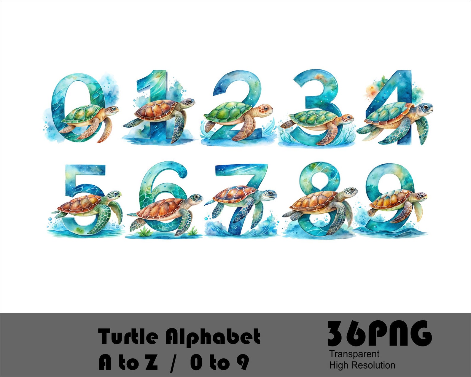 Turtles Alphabet PNG Watercolor Ocean Design Font Caretta Alphabet ...