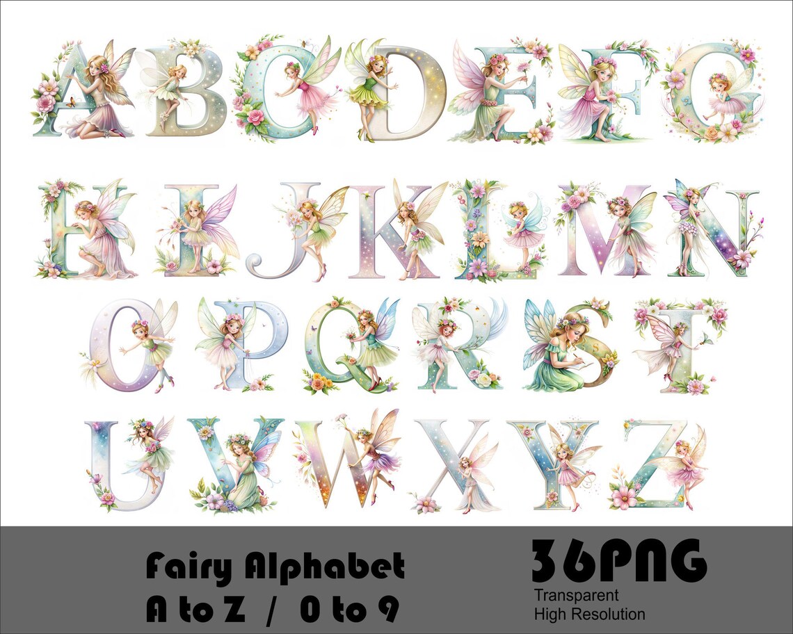 Fairy Font Alphabet PNG Watercolor Fairy Letters and Numbers for ...