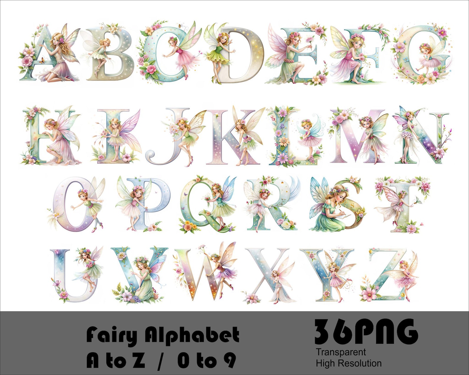 Fairy Font Alphabet PNG Watercolor Fairy Letters and Numbers for ...