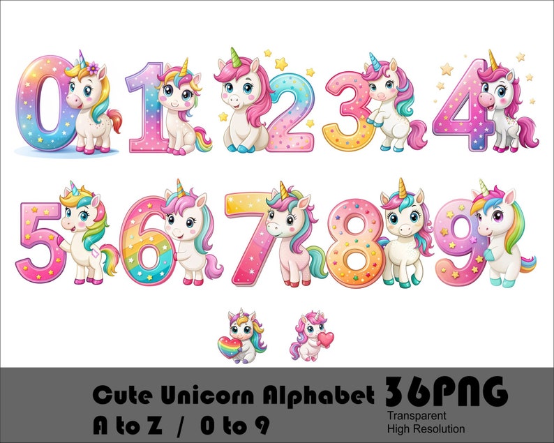 Unicorn Font Alphabet PNG Watercolor Unicorn Letters and Numbers for ...