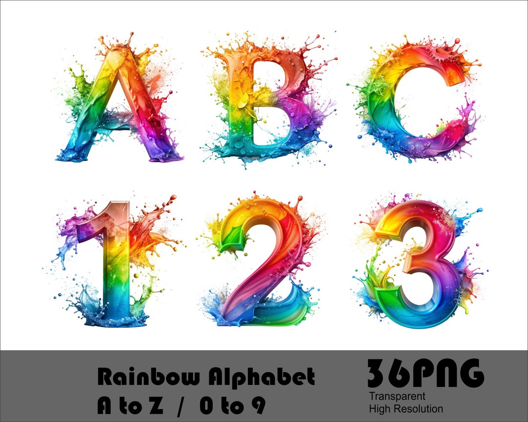 Rainbow Watercolor Splash Alphabet and Numbers PNG File Rainbow ...