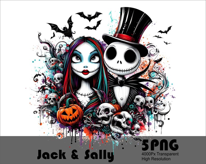 Jack and Sally PNG: Watercolor Halloween Design (digital Download) - Etsy