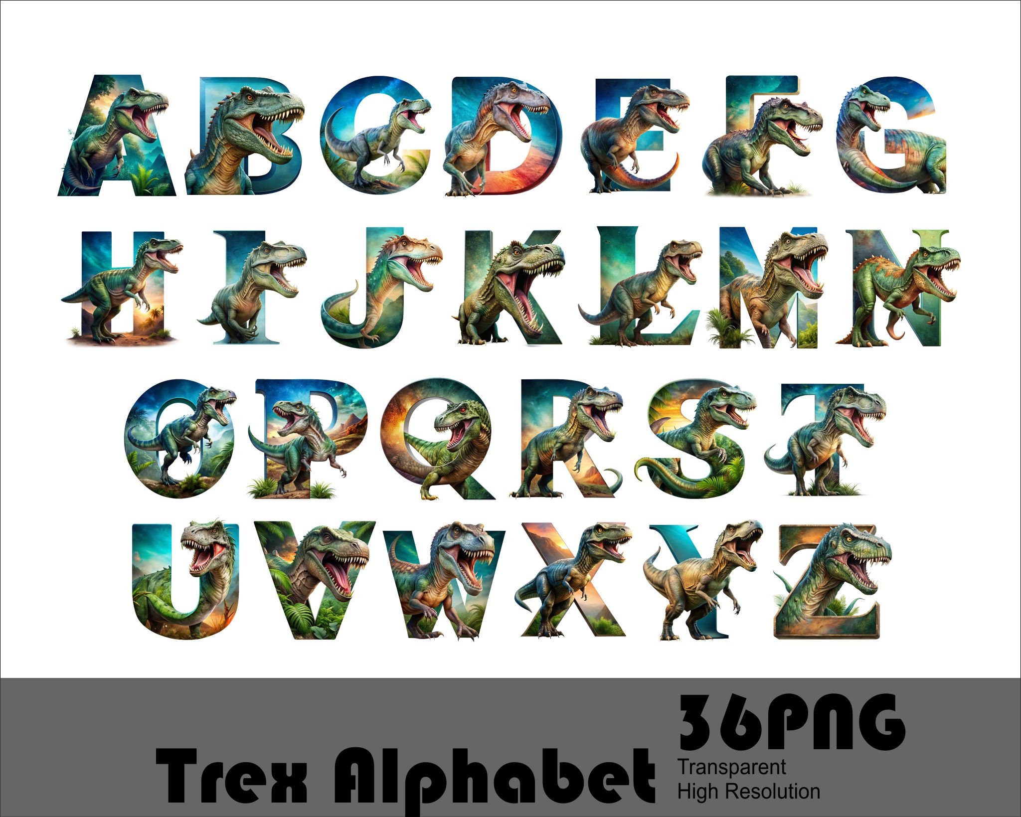 Trex Alphabet PNG Font Watercolor Dinosaur Trex Letters and Numbers for ...