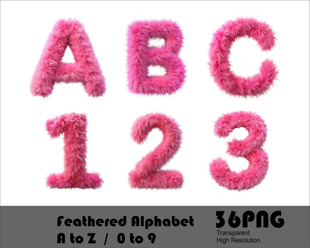 Feathered Pink Alphabet and Numbers PNG File Cute Hairy Pink Alphabet ...