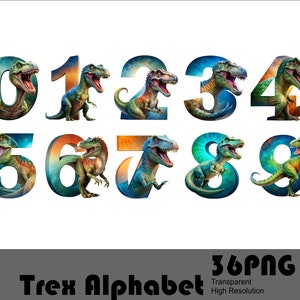 Trex Alphabet PNG Font Watercolor Dinosaur Trex Letters and Numbers for ...