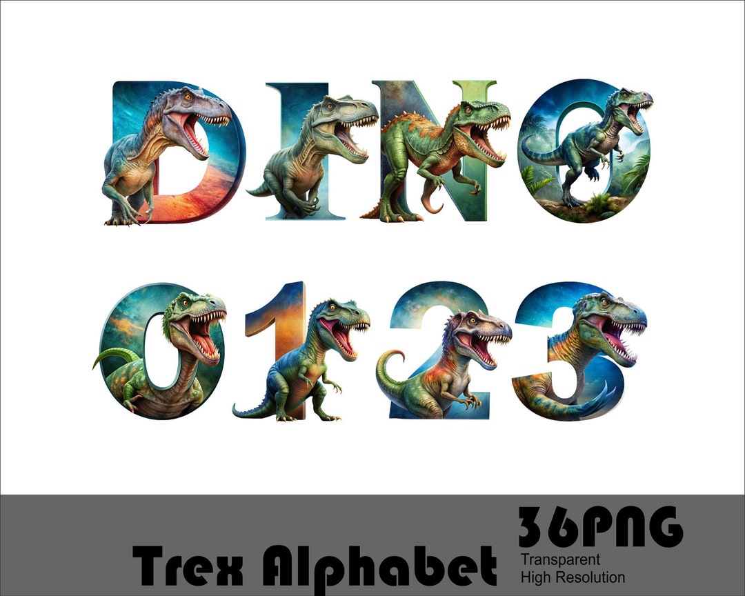 Trex Alphabet PNG Font Watercolor Dinosaur Trex Letters and Numbers for ...