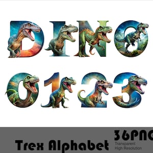 Trex Alphabet PNG Font Watercolor Dinosaur Trex Letters and Numbers for ...