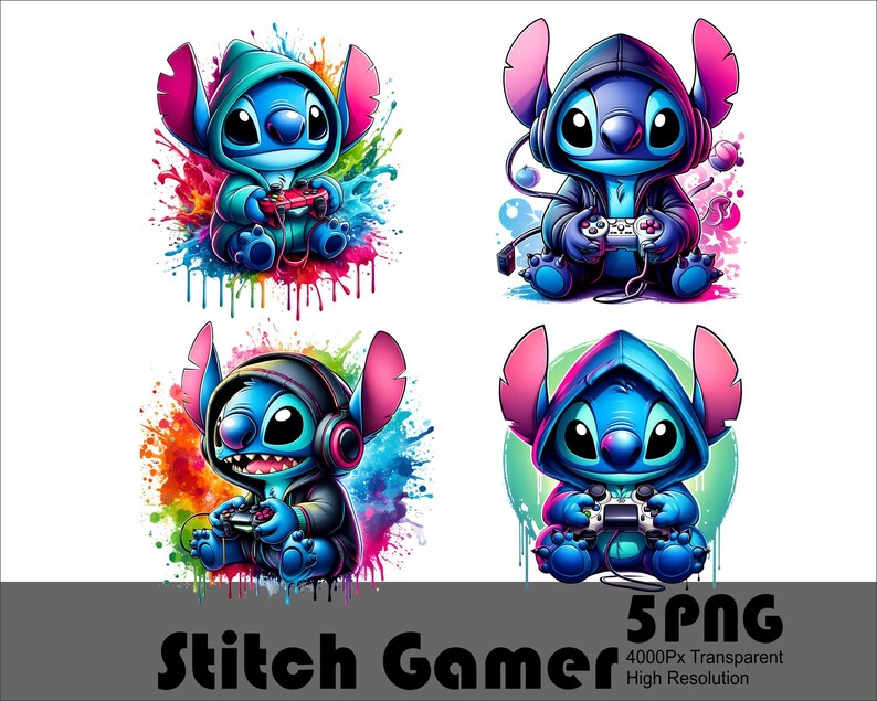 5 PNG Stitch Gamer Player Splash Watercolor Digital Design PNG File for ...