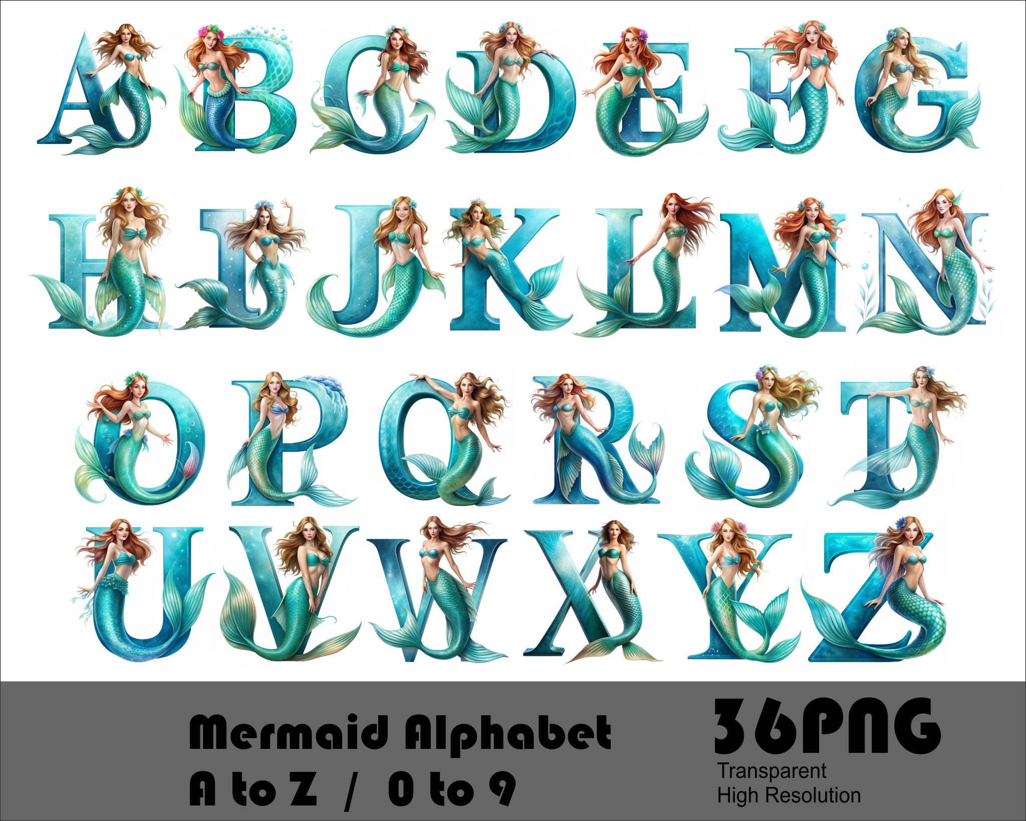 Mermaid Font Alphabet PNG Watercolor Unicorn Letters and Numbers for ...