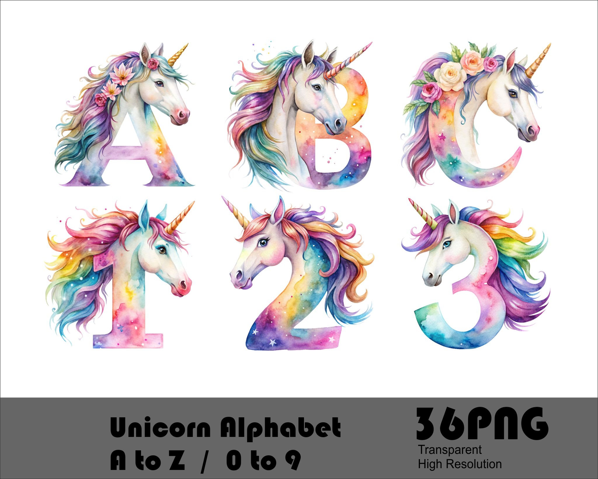 Unicorn Alphabet PNG Font Watercolor Unicorn Letters and Numbers for ...