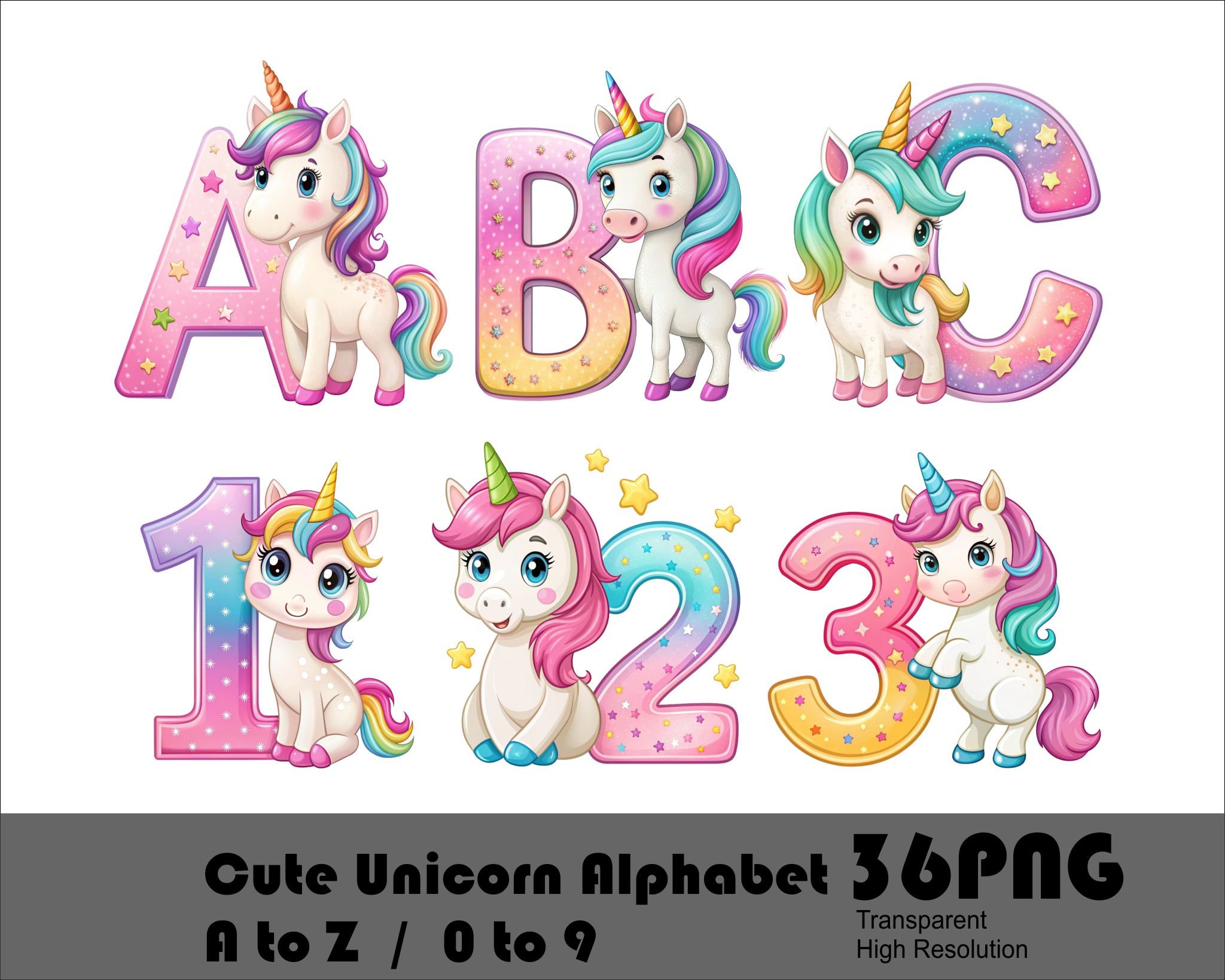 Unicorn Font Alphabet PNG Watercolor Unicorn Letters and Numbers for ...