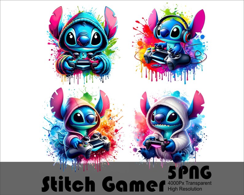 5 PNG Stitch Gamer Splash Watercolor Digital Design PNG File for ...