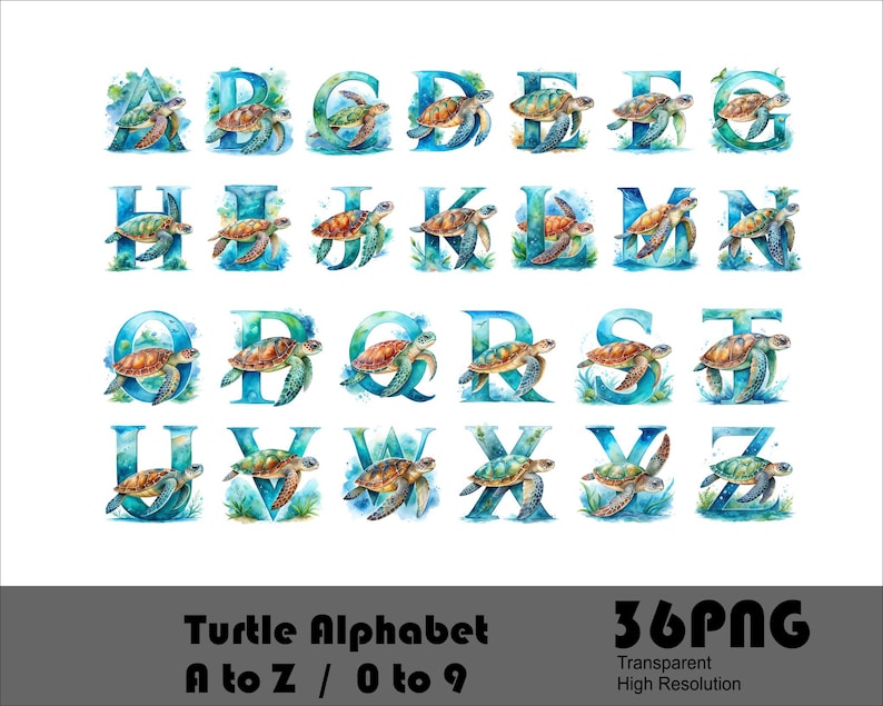 Turtles Alphabet PNG Watercolor Ocean Design Font Caretta Alphabet ...