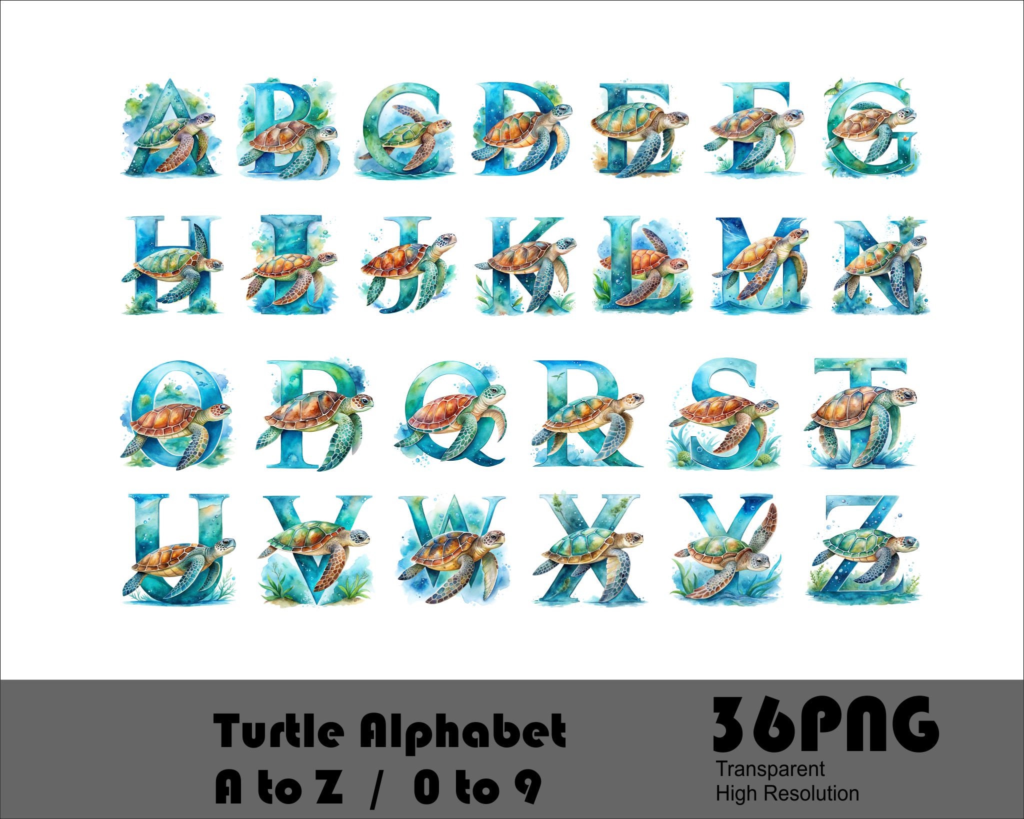 Turtles Alphabet PNG Watercolor Ocean Design Font Caretta Alphabet ...