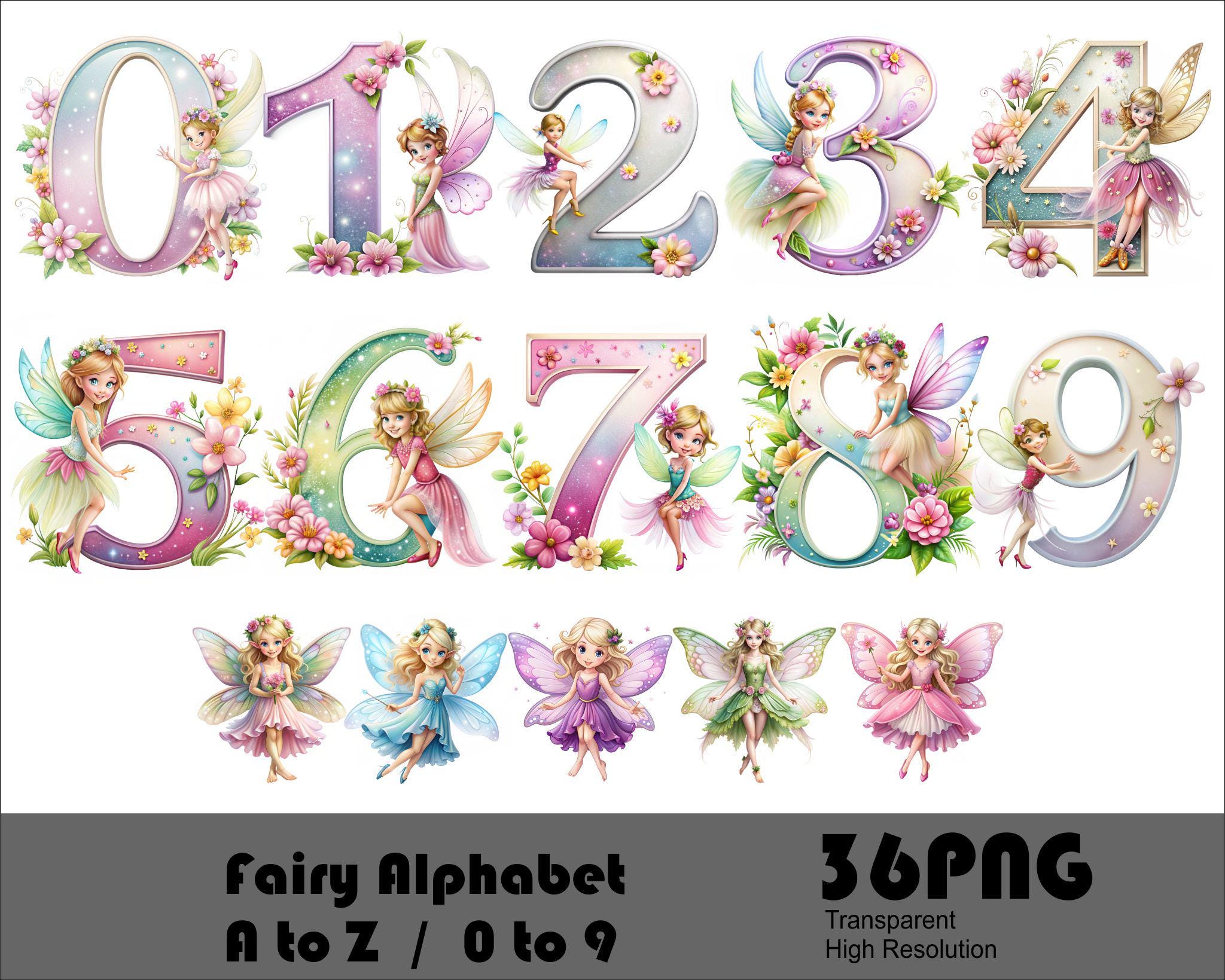 Fairy Font Alphabet PNG Watercolor Fairy Letters and Numbers for ...