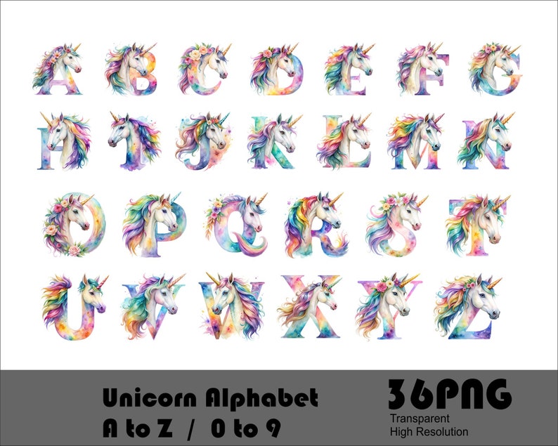 Unicorn Alphabet PNG Font Watercolor Unicorn Letters and Numbers for ...
