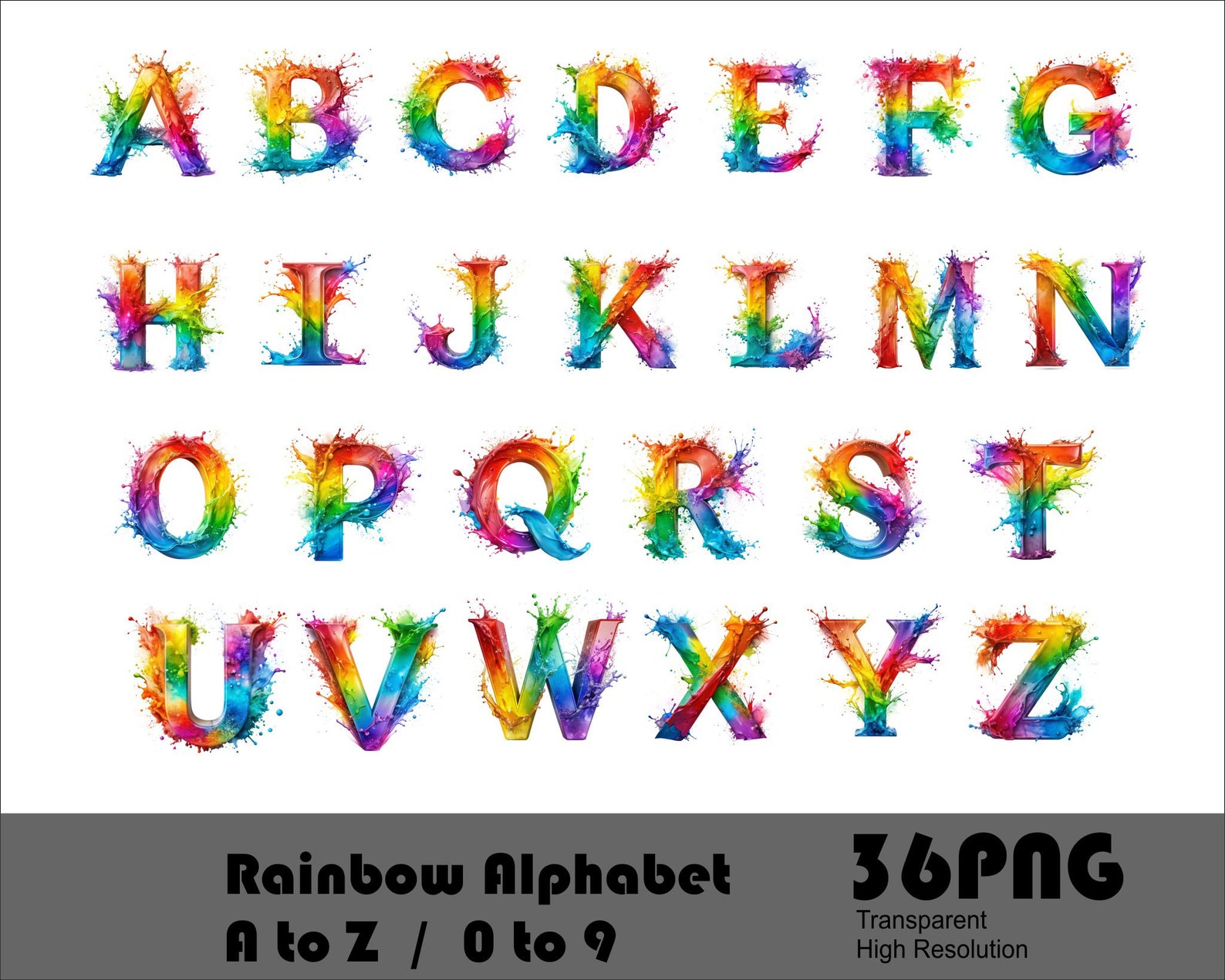 Rainbow Watercolor Splash Alphabet and Numbers PNG File Rainbow ...
