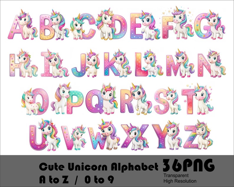 Unicorn Font Alphabet PNG Watercolor Unicorn Letters and Numbers for ...