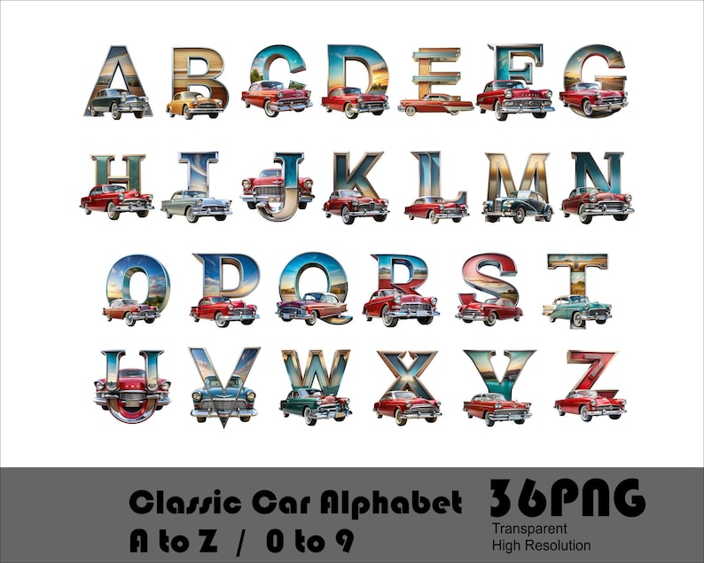 Classic Car Alphabet and Numbers PNG File Classic Cars Alphabet Letters ...
