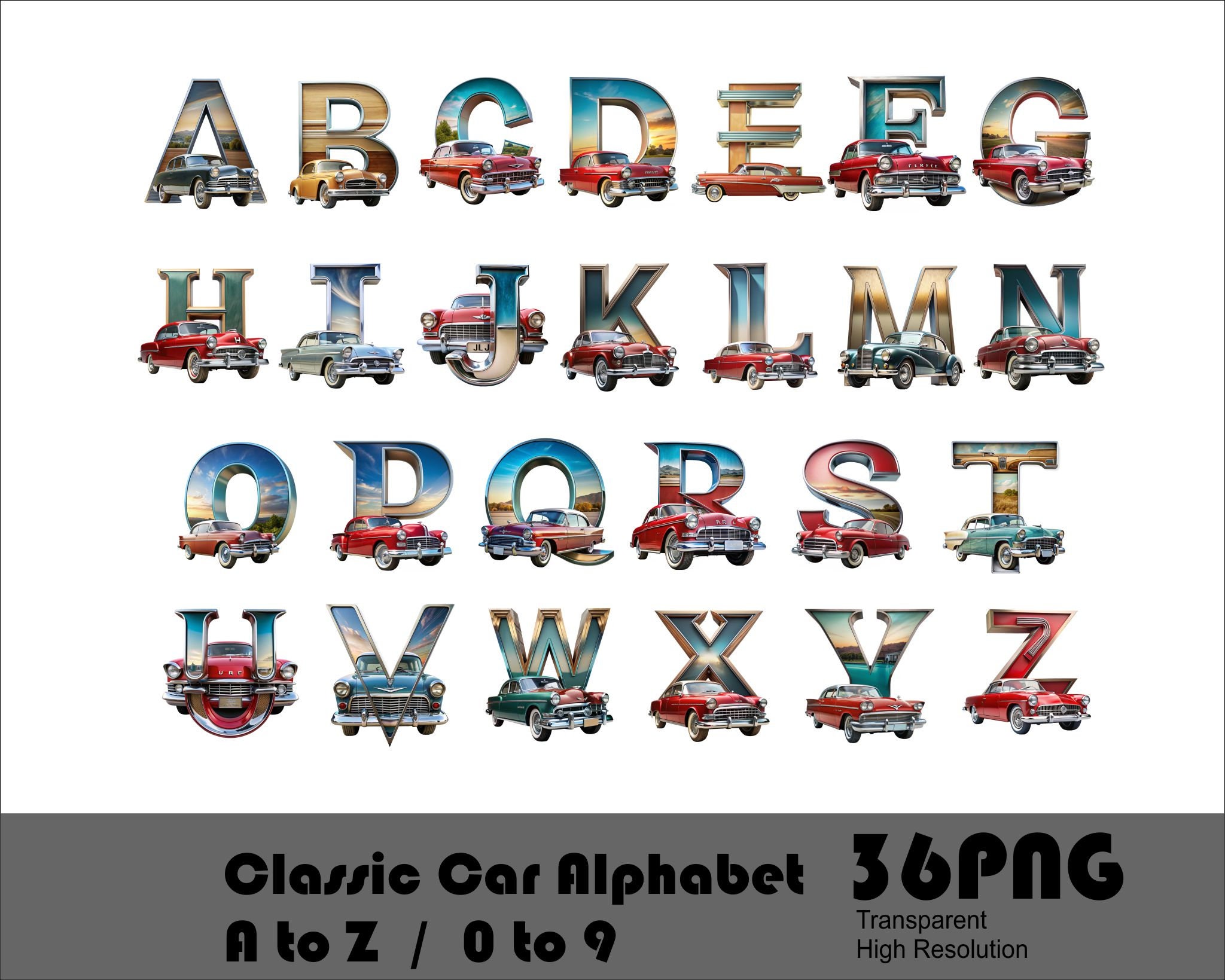 Classic Car Alphabet and Numbers PNG File Classic Cars Alphabet Letters ...
