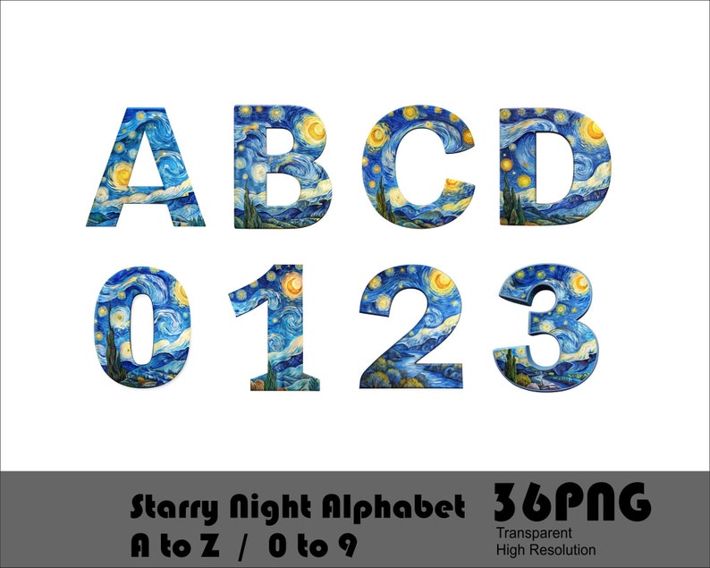 Gogh Style Alphabet and Letters PNG Font for Sublimation the Starry ...