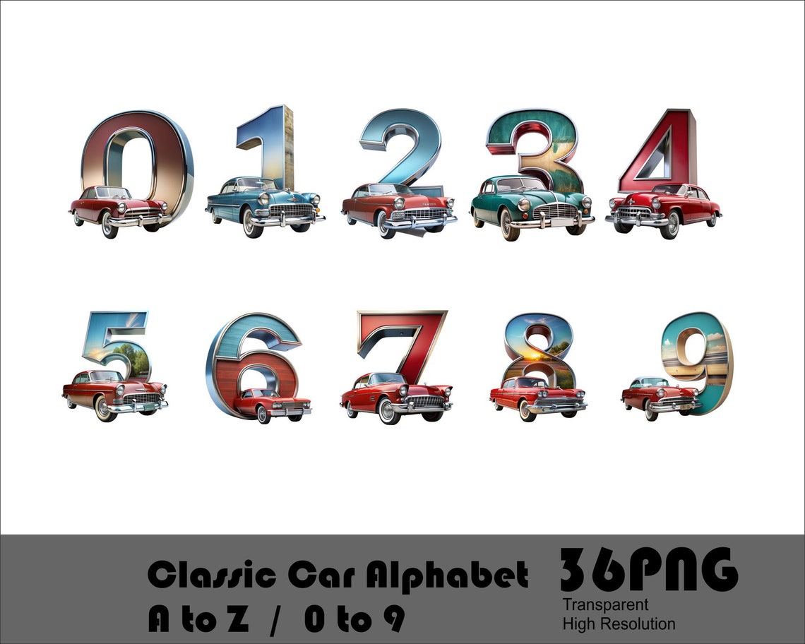 Classic Car Alphabet and Numbers PNG File Classic Cars Alphabet Letters ...