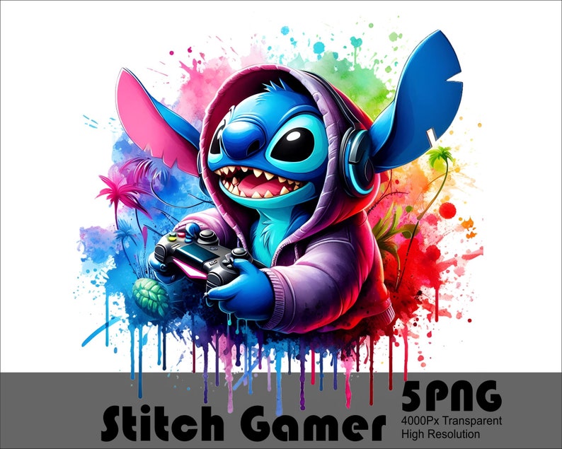 5 PNG Stitch Gamer Splash Watercolor Digital Design PNG File for ...