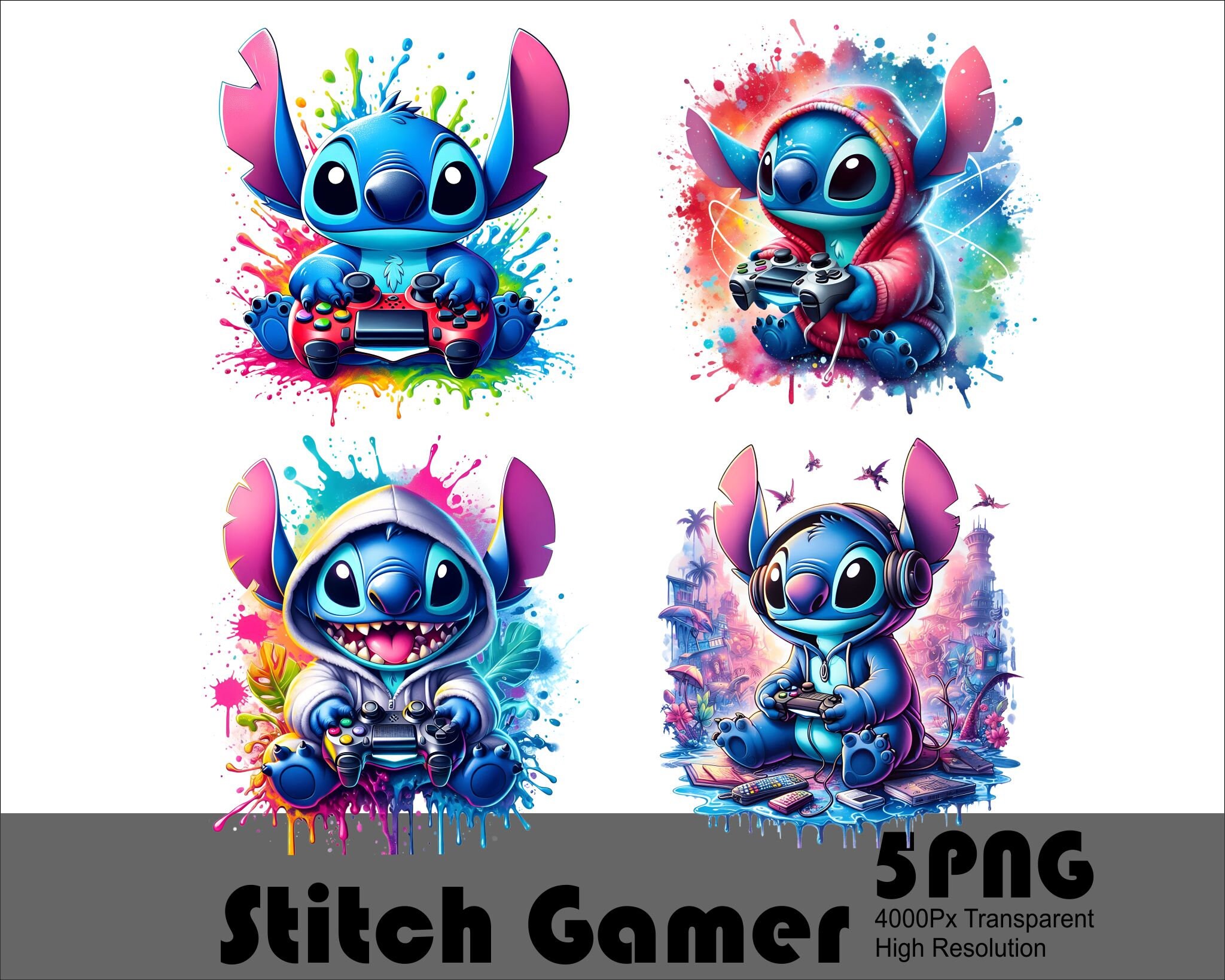 5 PNG Stitch Gamer Player Splash Watercolor Digital Design PNG File for ...