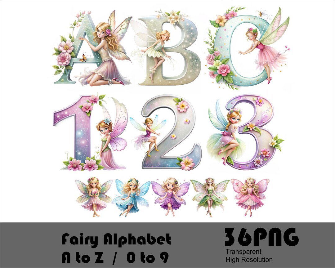 Fairy Font Alphabet PNG Watercolor Fairy Letters and Numbers for ...