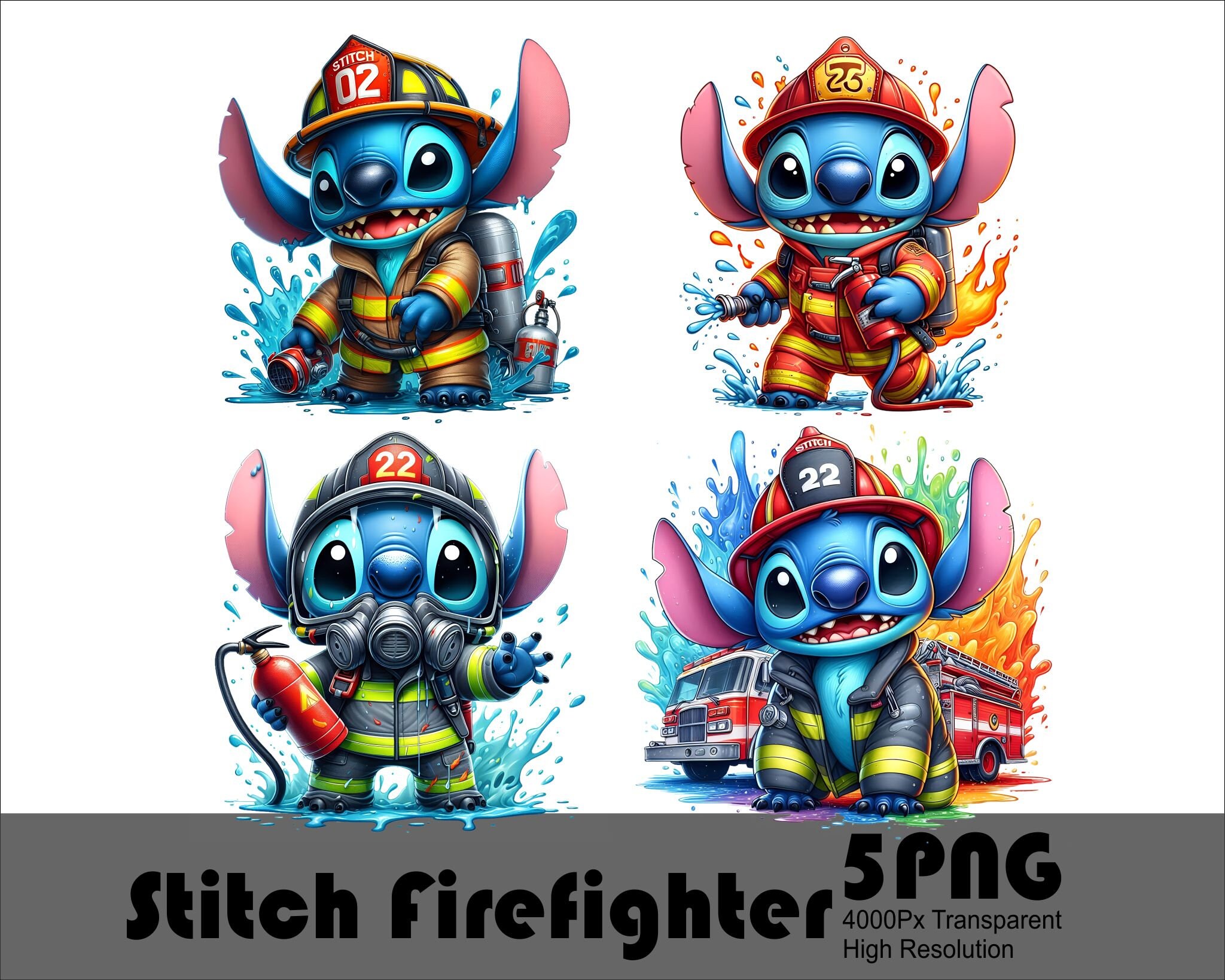 5 PNG Stitch Firefighter Splash Watercolor Digital Design PNG File for ...