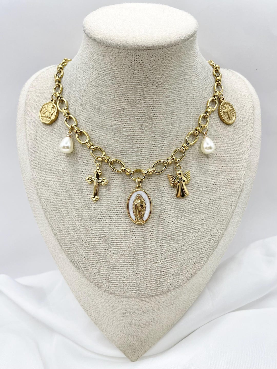 Vintage Stainless Steel Charms Necklace Virgin Mary Christian Cross ...