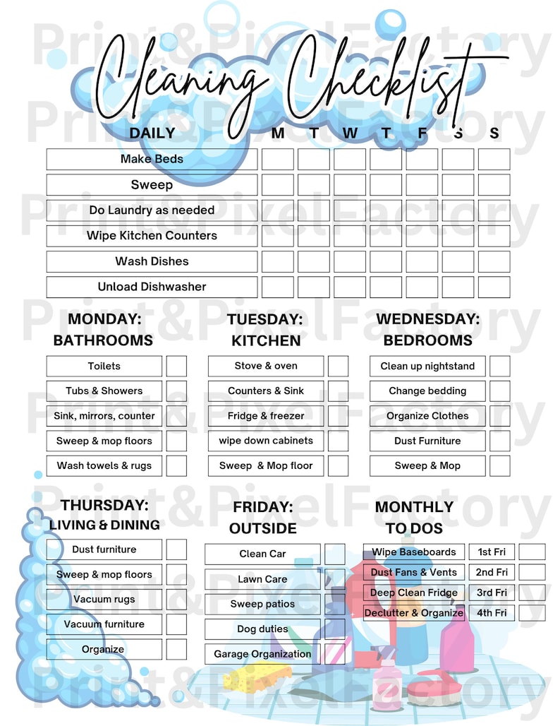 Weekly Cleaning Schedule & Checklist - Etsy