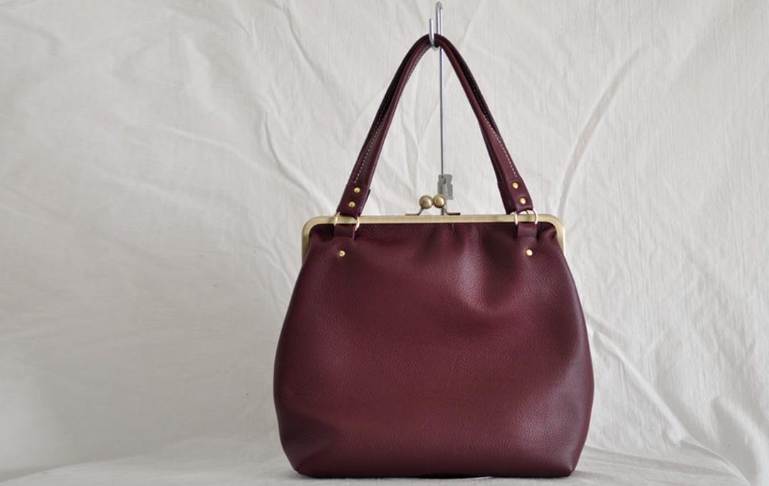 Leather Gamaguchi Top Handle Bag, Burgundy or Black Optional Detachable ...
