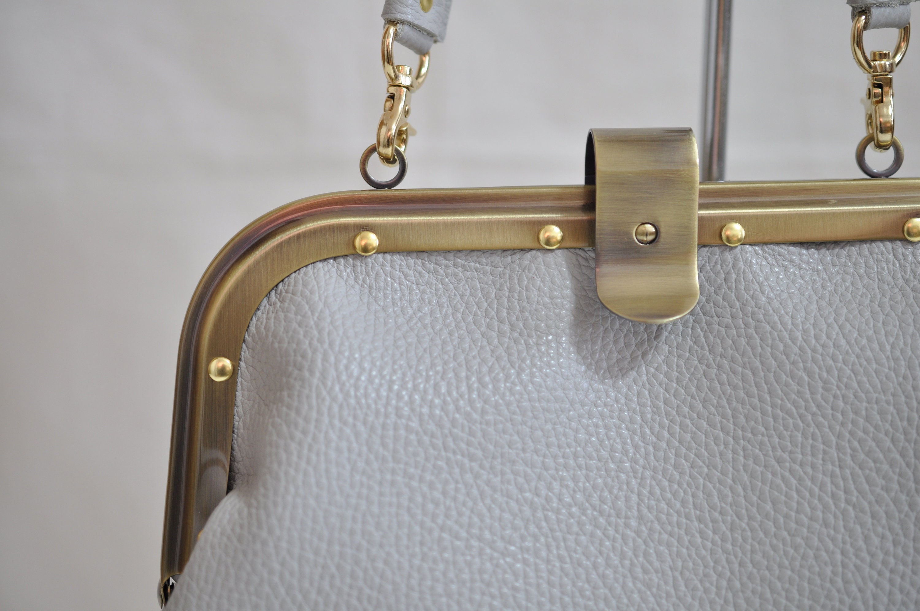 Leather Gamaguchi L Size 2 Way Bag, Grey Dark Brown and Black Short ...