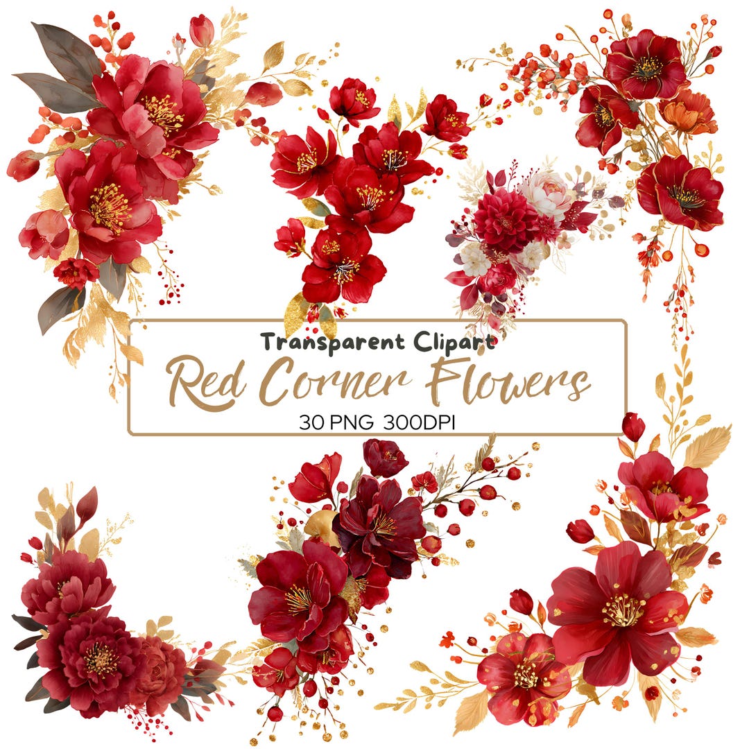 30 PNG RED Gold Watercolor Corner Border FLOWERS Clip Arts, Red ...