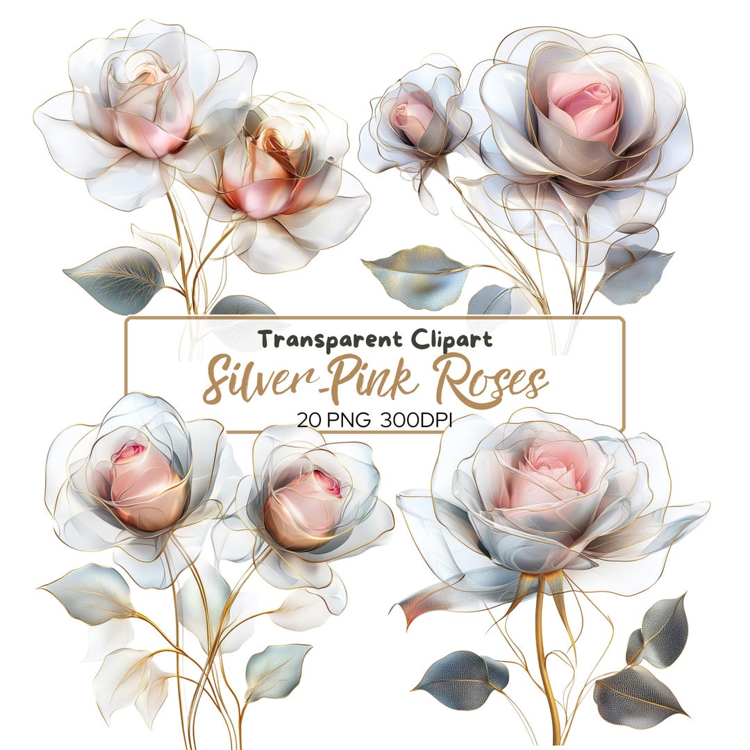 Silver Pink Roses Clipart: Watercolor Floral PNG Bundle (digital ...