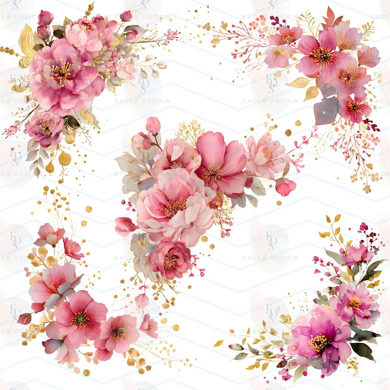 30 PNG PINK Gold Watercolor Corner Border FLOWERS Clip Arts, Pastel ...