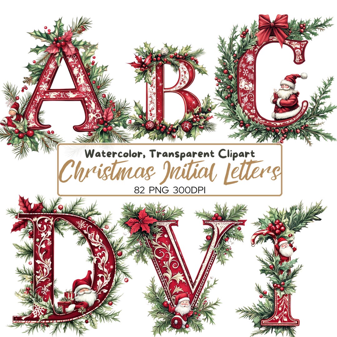 CHRISTMAS Initial Letters Bundle Card Clipart, English Alphabet Letters ...