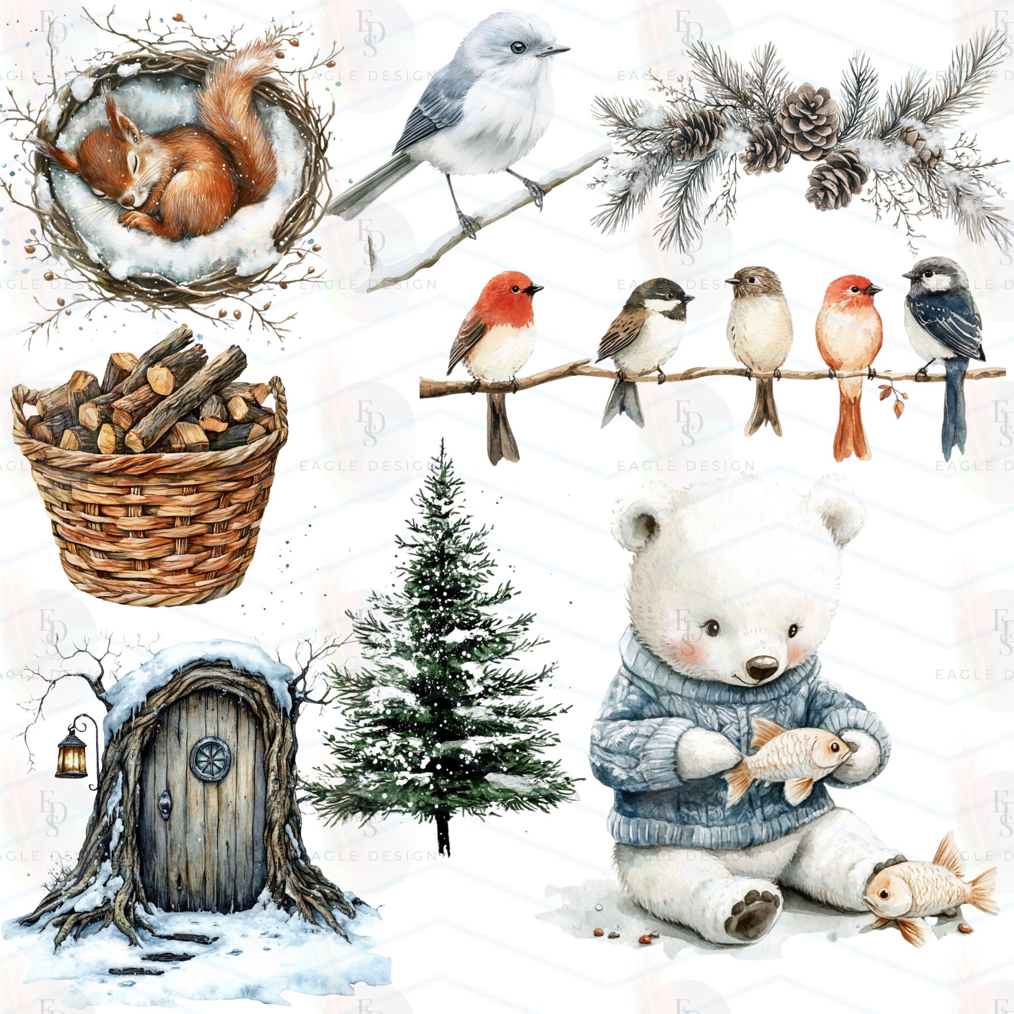 Winter Woodland Watercolor Clipart Set – 61 PNG | Wild Animals, Snow ...