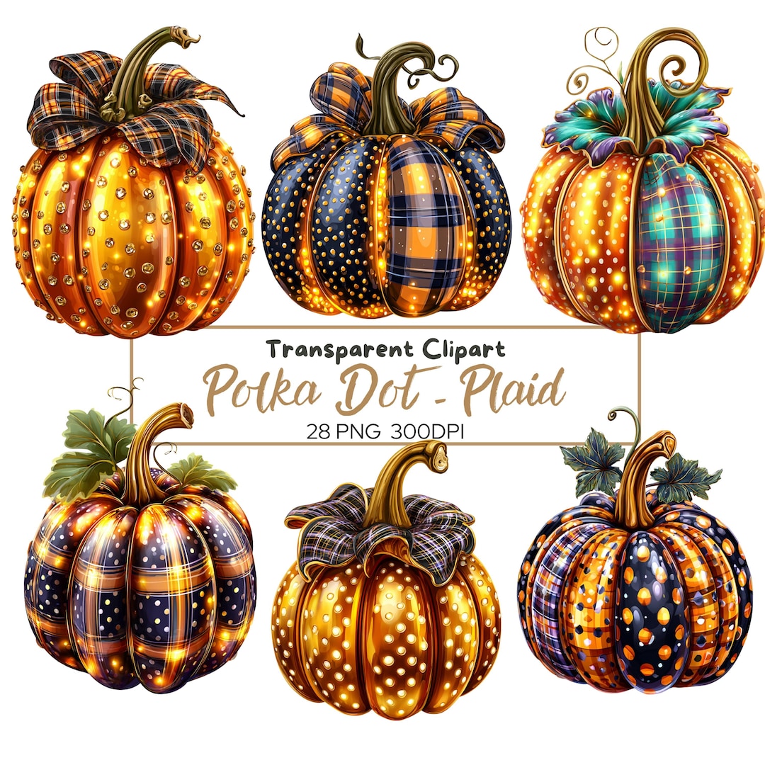 Glowing Polka Dot Plaid Pumpkins Clipart: Fall Graphics (digital ...