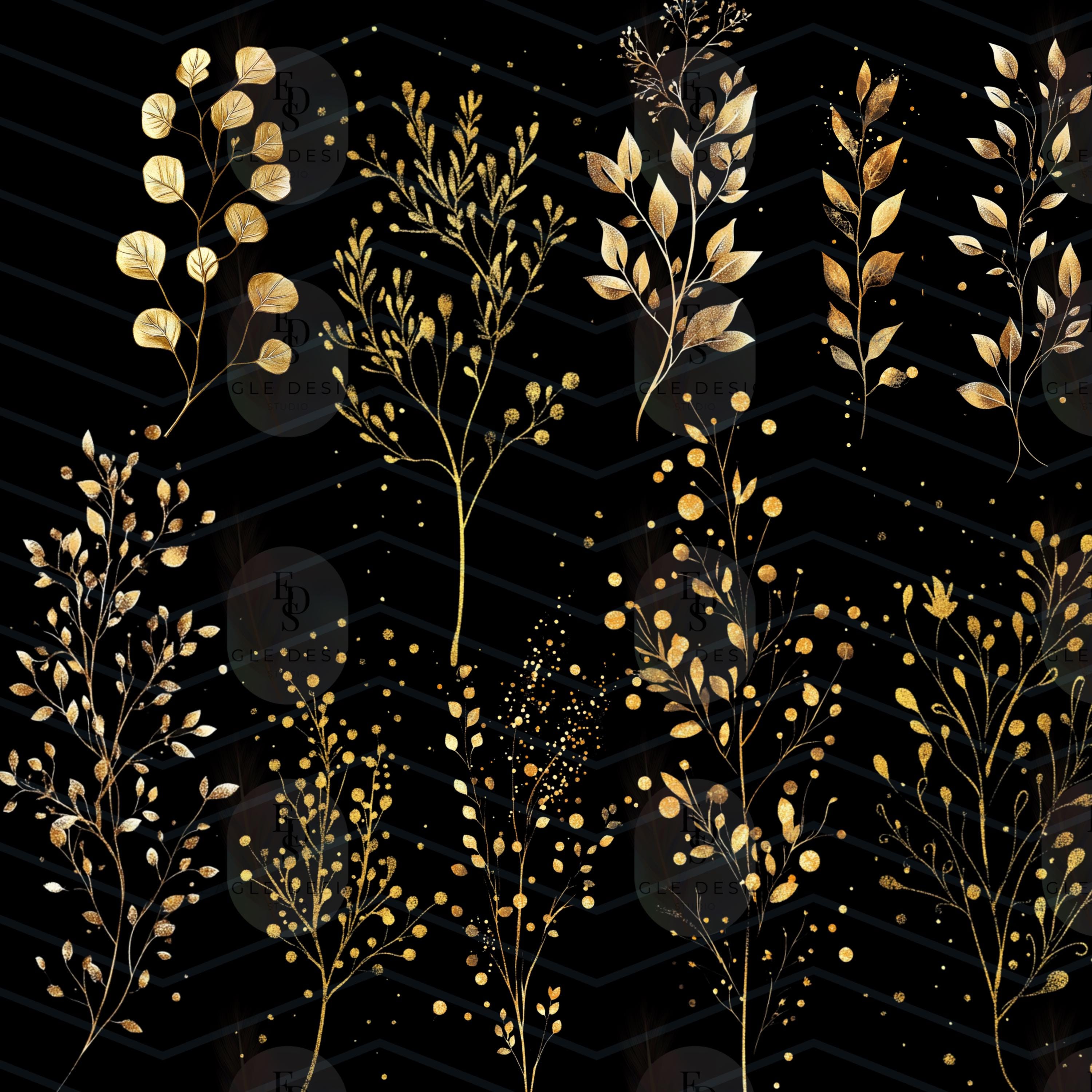 50 PNG GOLDEN Elements Flora Clip Arts (300 Dpi, Commercial Use, Bundle ...